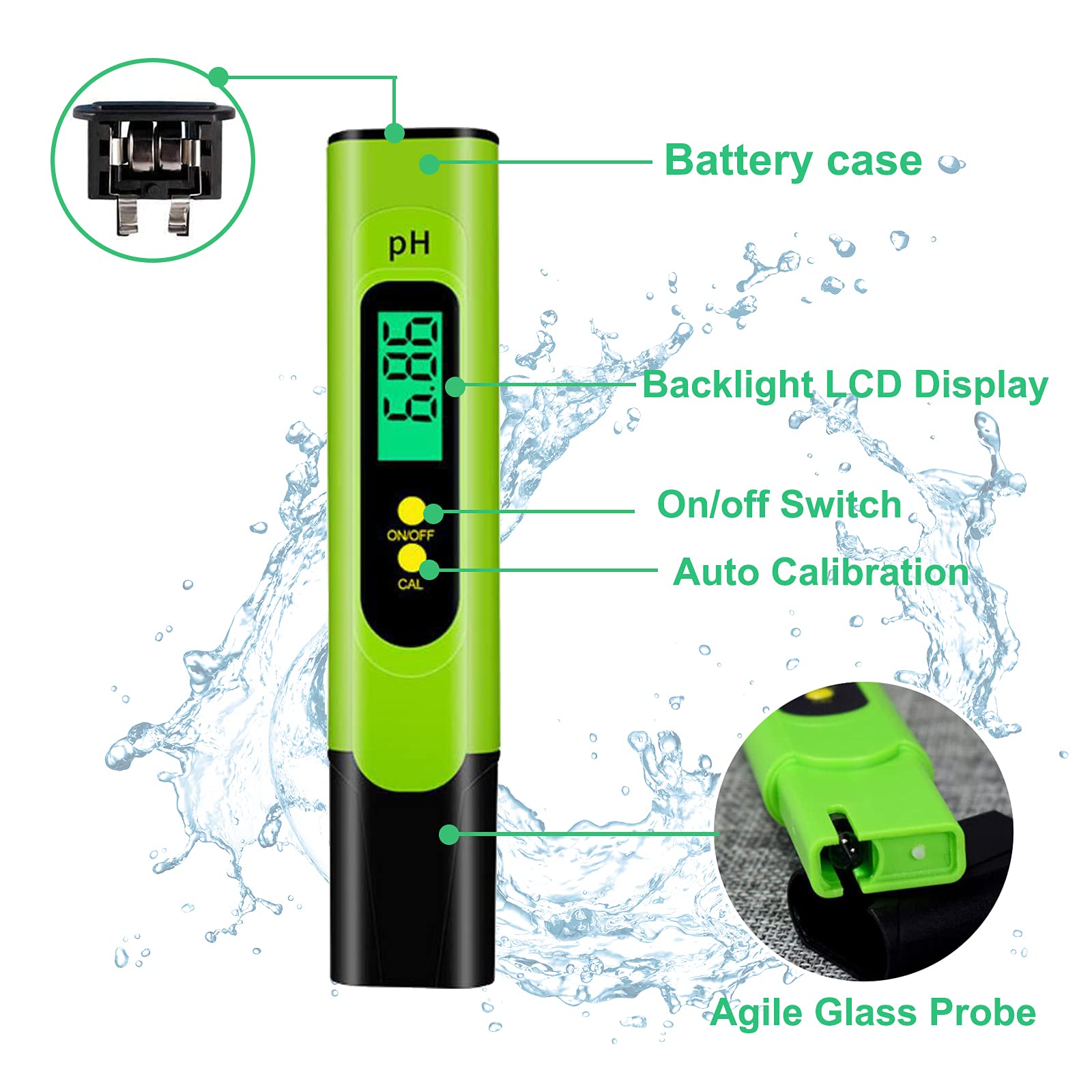 [New] Cyann PH Meter, Digital PH Tester Pen for Water, 0.01 High Precision Water Quality Tester with ATC Function, Backlight and 3 Calibration Powders, for Aquarium, Drinking Water and Pool