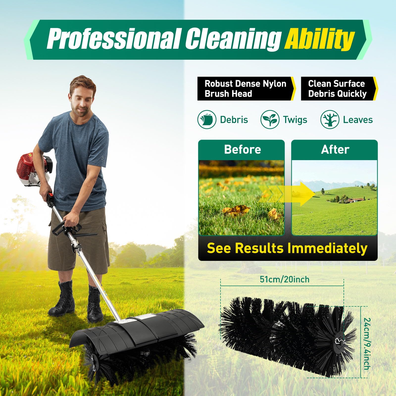 2-Stroke 52CC Handheld Sweeper Engine Power Sweeping Broom 23" Brush Head Artificial Grass Brush Power Broom Powerful Brush Lawn Sweeper Cleaner Tools