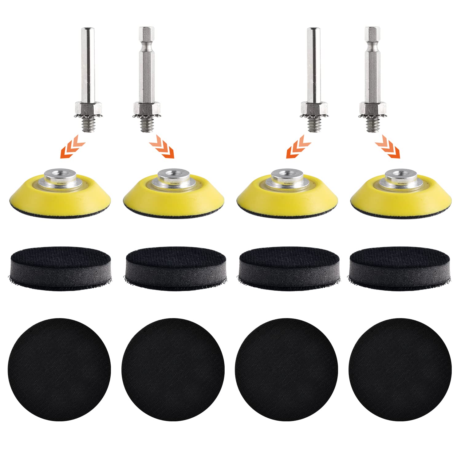 NYNM 4Pcs 2 Inch Hook and Loop Sanding Pad for Sanding Discs with 1/4 inches Dia Shank Drill Attachment + Soft Foam Layer Buffering Pad (8 Pack)