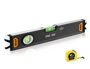 prexiso 16in anti-shock spirit level, aluminum alloy construction, v-groove, with bonus 16-feet tape measure, ideal for decoration, home furnishings, construction