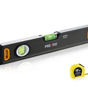 PREXISO 16IN Anti-Shock Spirit Level, Aluminum Alloy Construction, V-Groove, with Bonus 16-feet Tape Measure, Ideal for Decoration, Home Furnishings, Construction