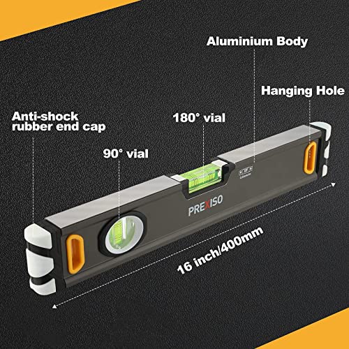 PREXISO 16IN Anti-Shock Spirit Level, Aluminum Alloy Construction, V-Groove, with Bonus 16-feet Tape Measure, Ideal for Decoration, Home Furnishings, Construction