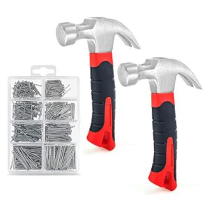 c&t 2-piece hammer set, 560pcs hardware nail assortment kit & 2pc 8oz small claw hammer, mini hammer with anti-slip handle, anti-corrosive galvanized 280 picture hanging nails & 280 finishing nails