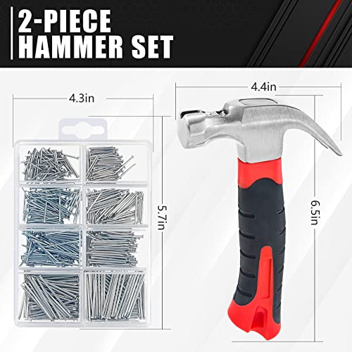 C&T 2-Piece Hammer Set, 560PCs Hardware Nail Assortment Kit & 2pc 8oz Small Claw Hammer, Mini Hammer with Anti-Slip Handle, Anti-Corrosive Galvanized 280 Picture Hanging Nails & 280 Finishing Nails