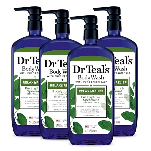 Dr Teal's Body Wash with Pure Epsom Salt, Relax & Relief with Eucalyptus & Spearmint, 24 fl oz (Pack of 4) (Packaging May Vary)