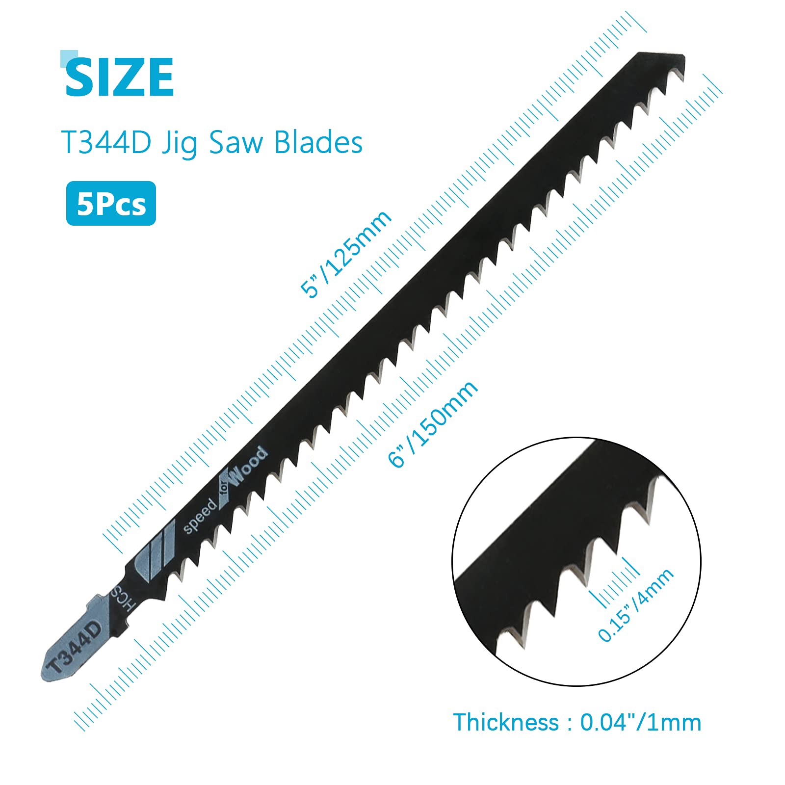 Qjaiune 5Pcs T344D T-Shank Jigsaw Blades, 6 Inch Long Jigsaw Blades High Carbon Steel Jig Saw Blade for Quick Cutting Wood Plywood Hardwood PVC Plastic