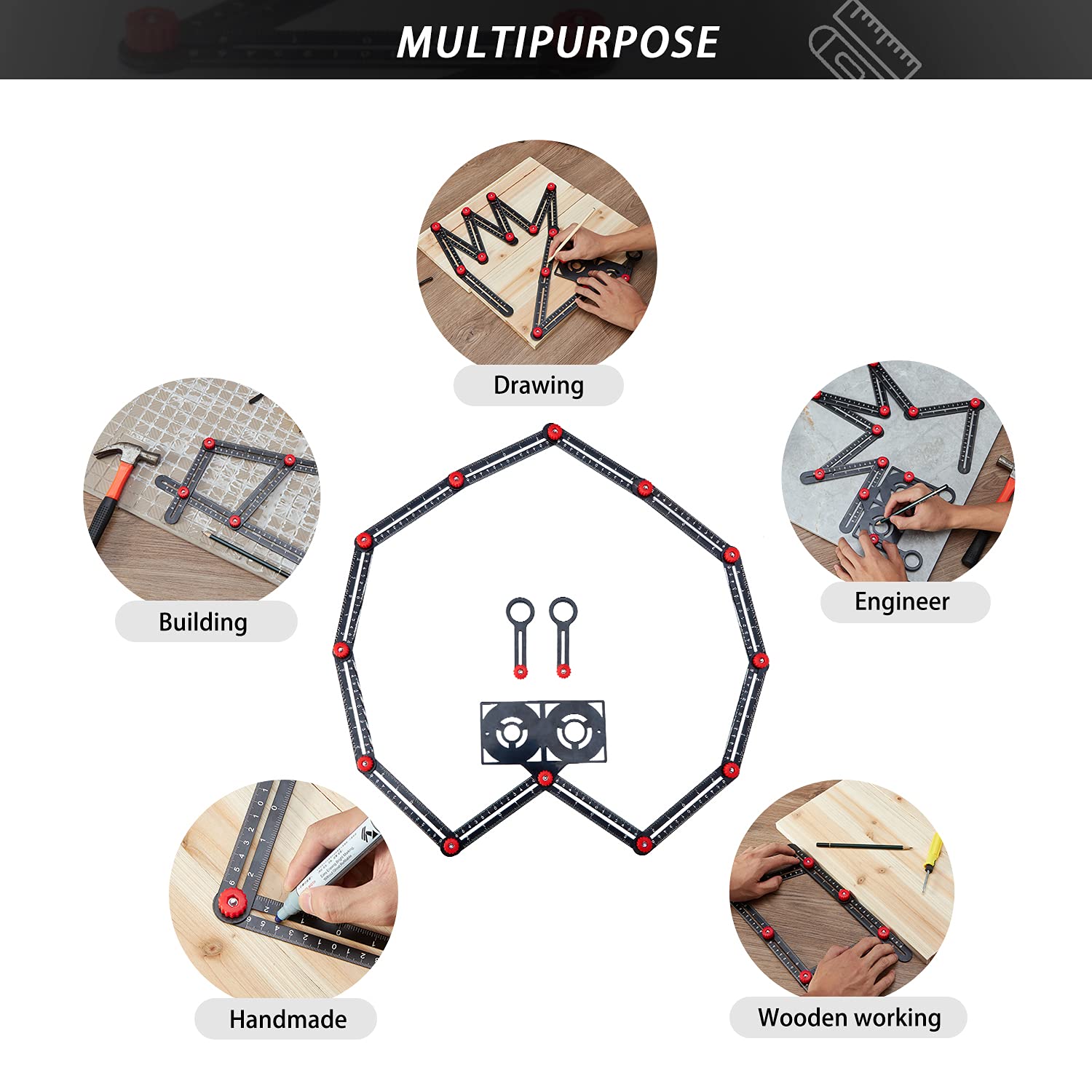 SUNLFPROD Multi Angle Measuring Ruler Pro, Universal Multi Angle Tool, 12-Sided Aluminum Alloy Full Metal Angle Measurement & Opening Locator, Tile Holes Measure Ruler with 5-Hole Positioning Aperture