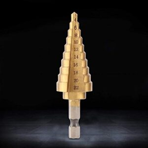 HSS Titanium Coated Step Drill Bit Set, 1/4" Hex Shank Quick Change Cone Bits Hole Expander for Wood and Metal, 10 Step Sizes from 4mm to 22mm