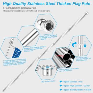 Upgraded Flag Pole Kit w/ 2-Position Bracket Holder & Rotating Flag Rings - 5FT to 6Ft 1" Metal Flagpole Kit for 3x5 & 4x6 American Flag - House Wall Mount Flag Pole for Residential (6 FT, Silver)