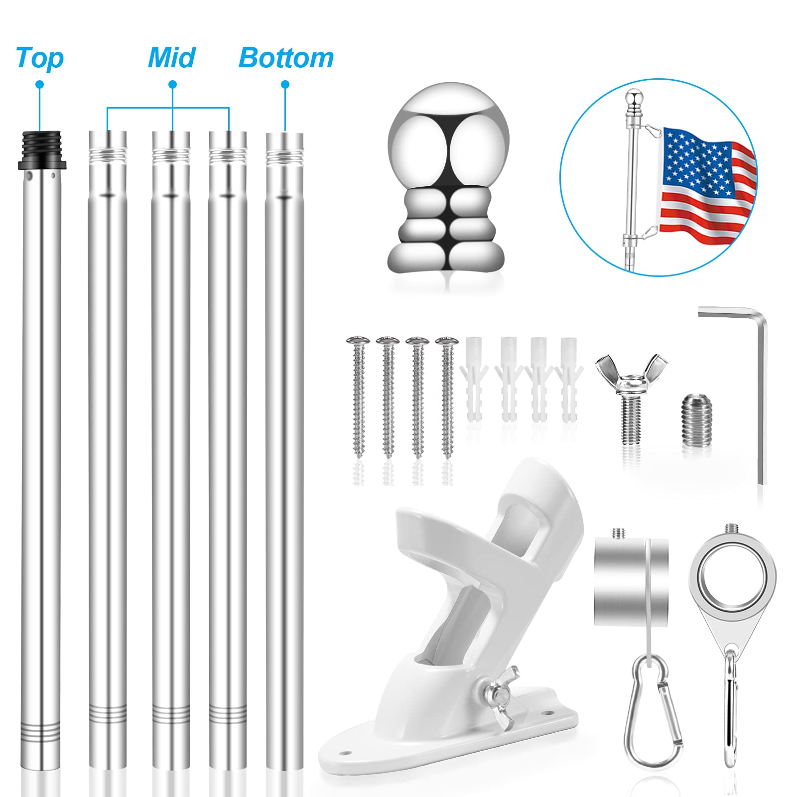 Upgraded Flag Pole Kit w/ 2-Position Bracket Holder & Rotating Flag Rings - 5FT to 6Ft 1" Metal Flagpole Kit for 3x5 & 4x6 American Flag - House Wall Mount Flag Pole for Residential (6 FT, Silver)