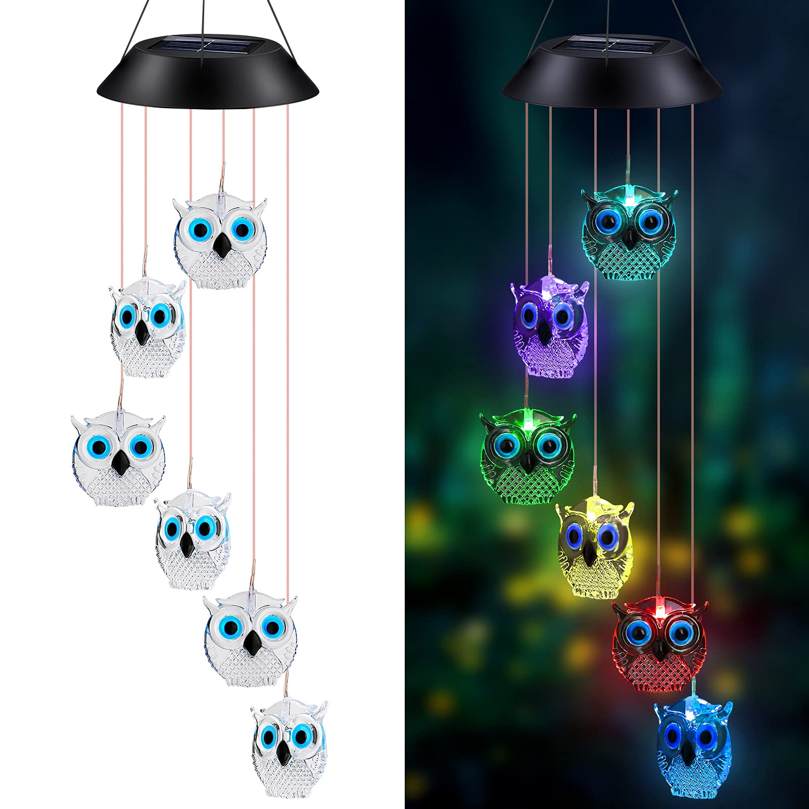 Wjiang Solar Wind Chimes, Owl LED Solar Powered Wind Chimes Lamp Color Changing Waterproof Garden Chimes with Hook for Outdoor Indoor Patio Yard Deck Grandma Mom