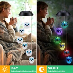 Wjiang Solar Wind Chimes, Owl LED Solar Powered Wind Chimes Lamp Color Changing Waterproof Garden Chimes with Hook for Outdoor Indoor Patio Yard Deck Grandma Mom