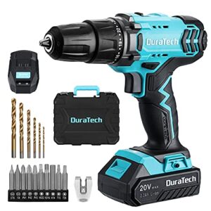 duratech 20v cordless drill, electric power drill driver set with 1/2” keyless chuck, variable speed, 25+1 torque settings, 350 in-lbs torque and 16pcs drill bits, drill tools kit for home improvement