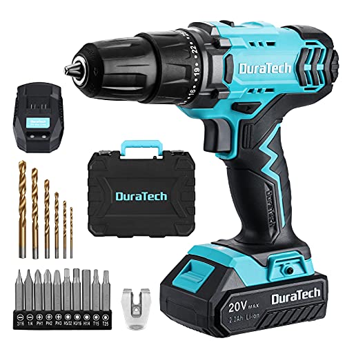 DURATECH 20V Cordless Drill, Electric Power Drill Driver Set with 1/2” Keyless Chuck, Variable Speed, 25+1 Torque Settings, 350 In-lbs Torque and 16pcs Drill Bits, Drill Tools Kit for Home Improvement