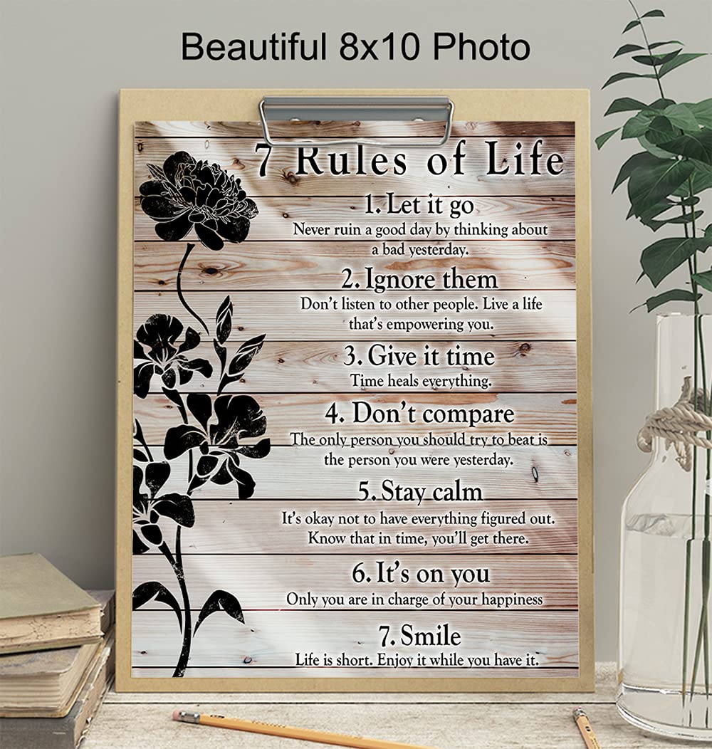 7 Rules Of Life Wall Art - Inspirational Gifts for Women, Men - Motivational Posters, 8x10 - Inspirational Wall Decor - Home Office, Bedroom, Living Room - Inspiring Positive Quotes Wall Decor