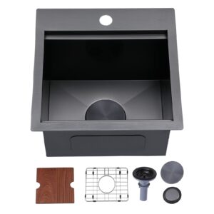 matte black bar sink 15inch stainless steel small wet rv sink kitchen sink 15 x 15 inches 18 gauge single bowl workstation drop in prep rv kitchen sink with accessories…