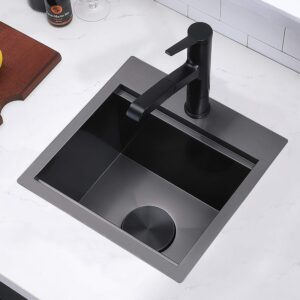 Matte Black Bar Sink 15Inch Stainless Steel Small Wet RV Sink Kitchen Sink 15 x 15 Inches 18 Gauge Single Bowl Workstation Drop in Prep Rv Kitchen Sink With Accessories…