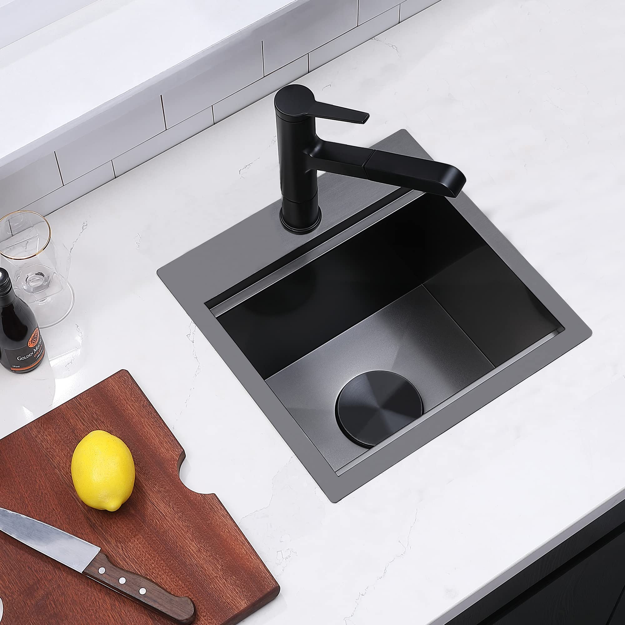 Matte Black Bar Sink 15Inch Stainless Steel Small Wet RV Sink Kitchen Sink 15 x 15 Inches 18 Gauge Single Bowl Workstation Drop in Prep Rv Kitchen Sink With Accessories…