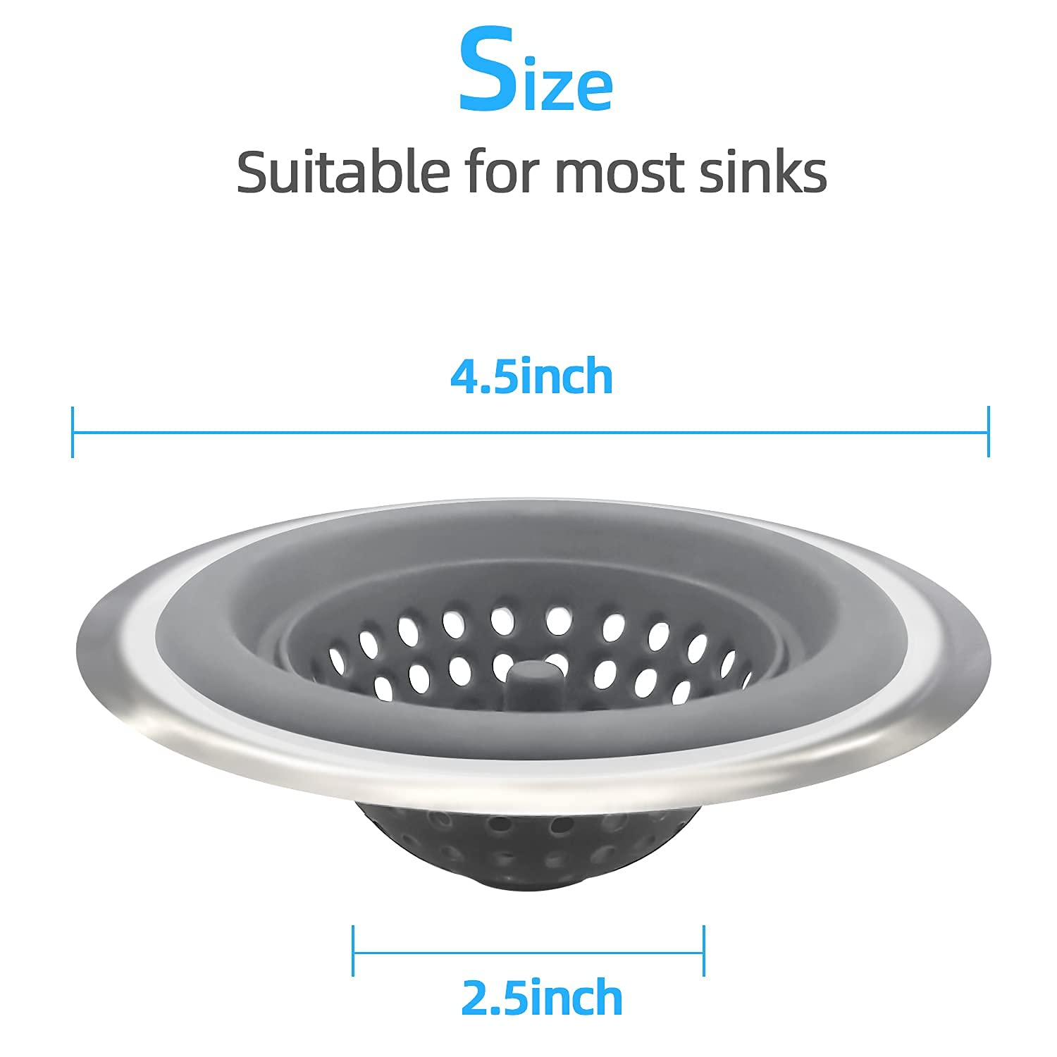 Stainless Silicone Kitchen Set of 2 Sink Strainer, Flexible Silicone Kitchen Sink Drainers, Large Wide Rim 4.5 inch Diameter