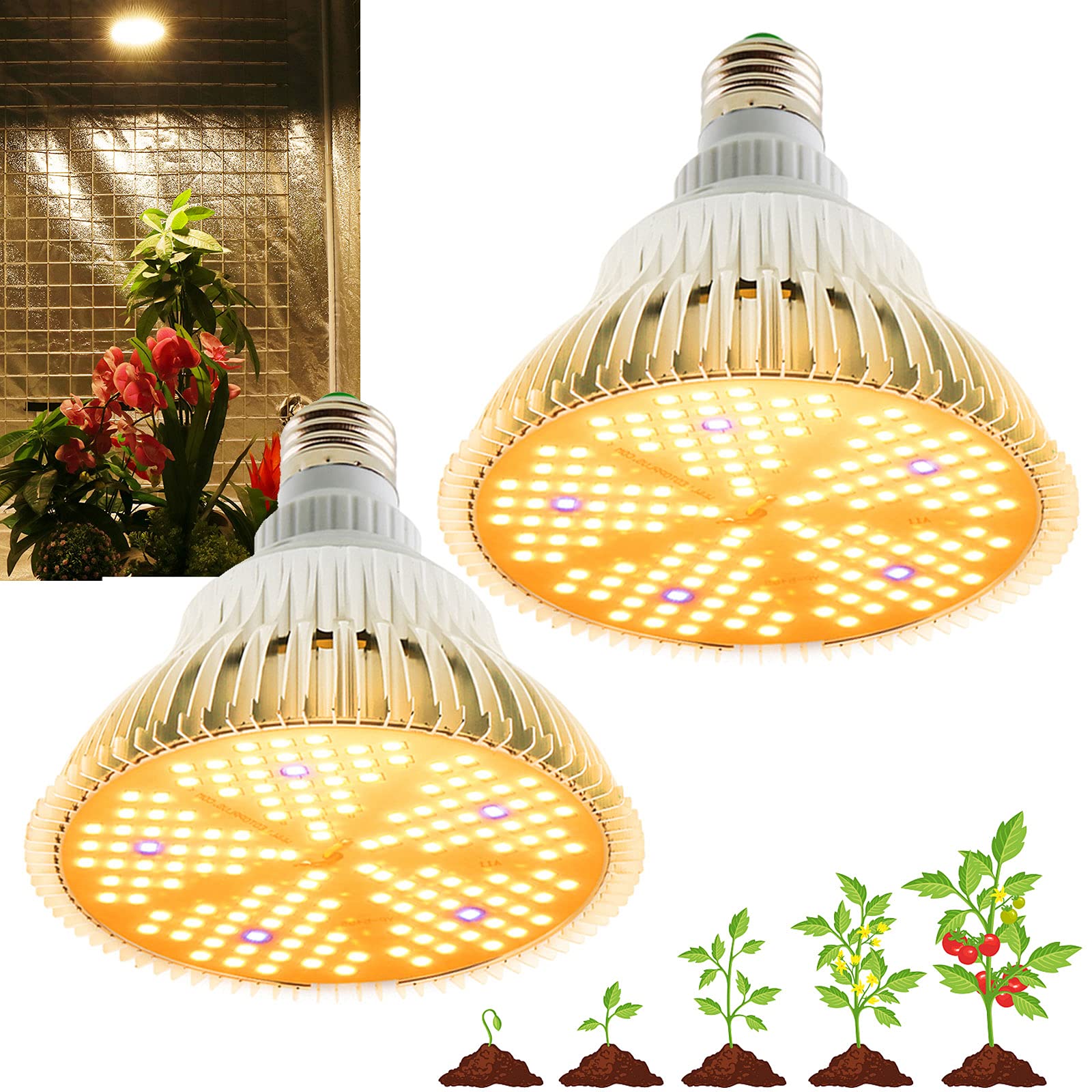 100W LED Grow Light Bulb, 2 Pack Full Spectrum 150 LED Plant Light Bulb for Indoor Plants, E26/27 Base Grow Light Bulbs, 160 Degree Warm Lighting Lamp for Flower Hydroponic Organic Growing Greenhouse