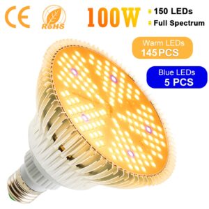 100W LED Grow Light Bulb, 2 Pack Full Spectrum 150 LED Plant Light Bulb for Indoor Plants, E26/27 Base Grow Light Bulbs, 160 Degree Warm Lighting Lamp for Flower Hydroponic Organic Growing Greenhouse