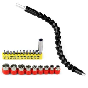 23pcs flexible drill extension - 1/4" magnetic hex soft flexible shaft extension bits - 9 universal nut driver drill bit set and 12 screwdriver bit sets included - flex bit extension for furniture