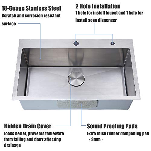 VESLA HOME 30 inch Drop in Kitchen Sink, Topmount Single Bowl Stainless Steel Handmade RV Kitchen Sinks with Dish Grid and Drain Cap