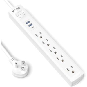 trond power strip surge protector, flat plug 6ft extension cord, 5 widely ac outlets with 3 usb ports(1 usb c), 1440j, 1250w, wall mount, desktop charging station for home office dorm room, white