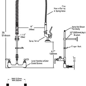 36" Height Commercial Sink Faucet with Pre Rinse Sprayer, 8 Inch Center Commercial Wall Mount Kitchen Faucet with 12” Swing Spout 3 Bay Commercial Compartment Sink Faucet for Restaurant Industrial