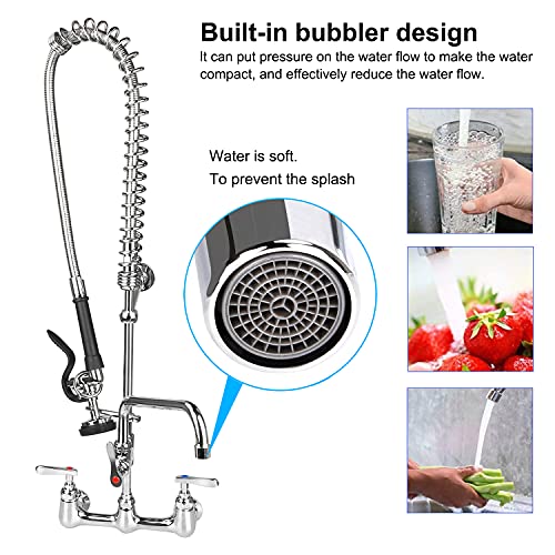 36" Height Commercial Sink Faucet with Pre Rinse Sprayer, 8 Inch Center Commercial Wall Mount Kitchen Faucet with 12” Swing Spout 3 Bay Commercial Compartment Sink Faucet for Restaurant Industrial