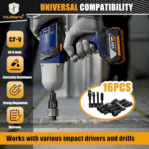 MulWark 16pcs Magnetic Nut Driver Set - SAE, Metric, 1/4” Hex Head impact driver bit set - Rust-Resistant CR-V Steel - Effortless Fastening & Superior Durability