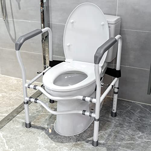 GYMAX Toilet Safety Frame & Rail, Adjustable Free-Assembly Medical Bathroom Assist Frame for Elderly with 360° Rotatable Clip, Non-Slip Heavy Duty Stand Alone Disabled Toilet Riser Handrail Grab Bar