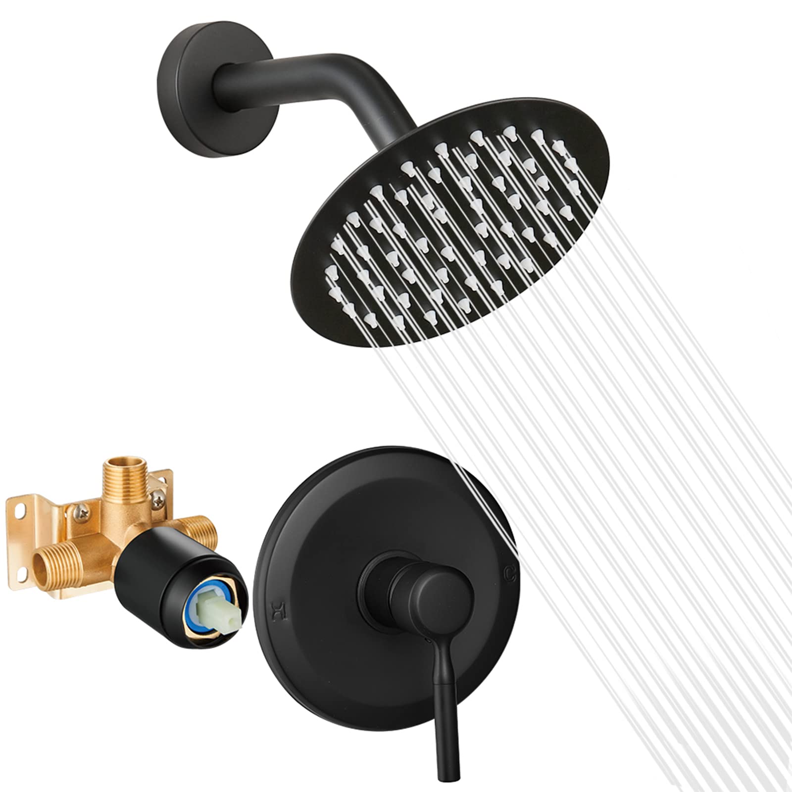 Black Shower Head And Faucet Set Complete With Valve Shower Fixtures With 6 Inch High Pressure Rain Shower Head Trim kit Regaderas Para bBaño Modernas