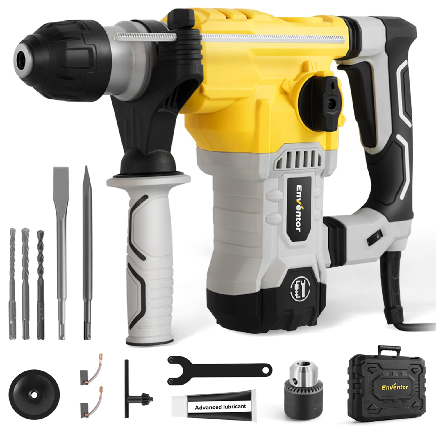 ENVENTOR 1-1/4 Inch SDS-Plus 12A Heavy Duty Rotary Hammer Drill for Concrete Stone, Safety Clutch 4 Functions Electric Demolition Hammer Drill with Vibration Control, Grease, Chisels, Drill Bits, Case