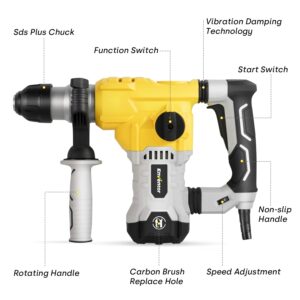 ENVENTOR 1-1/4 Inch SDS-Plus 12A Heavy Duty Rotary Hammer Drill for Concrete Stone, Safety Clutch 4 Functions Electric Demolition Hammer Drill with Vibration Control, Grease, Chisels, Drill Bits, Case