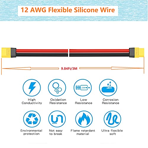 PolyEnergy XT60 Extension Cord 10Ft with XT60 Female Male for Portable Power Station Solar Panel RC Battery Lipo Battery Pack Portable Power Station 12Gauge Flexible  Silicone Wire  Cord