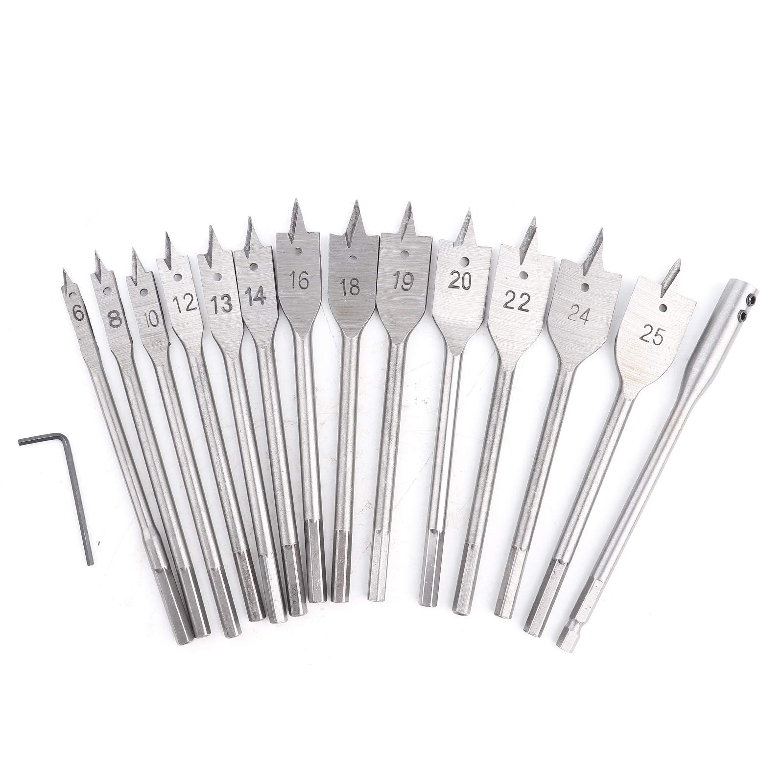 15-Piece Spade Drill Bit Set, 6‑25mm Paddle Flat Bits for Hole Cutter Woodworking, 1/4'' Hex Quick Change Shank Carbon Steel Woodworking Drilling Tools with 6'' Drill Bit Extension