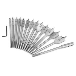 15-Piece Spade Drill Bit Set, 6‑25mm Paddle Flat Bits for Hole Cutter Woodworking, 1/4'' Hex Quick Change Shank Carbon Steel Woodworking Drilling Tools with 6'' Drill Bit Extension