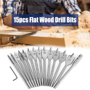 15-Piece Spade Drill Bit Set, 6‑25mm Paddle Flat Bits for Hole Cutter Woodworking, 1/4'' Hex Quick Change Shank Carbon Steel Woodworking Drilling Tools with 6'' Drill Bit Extension