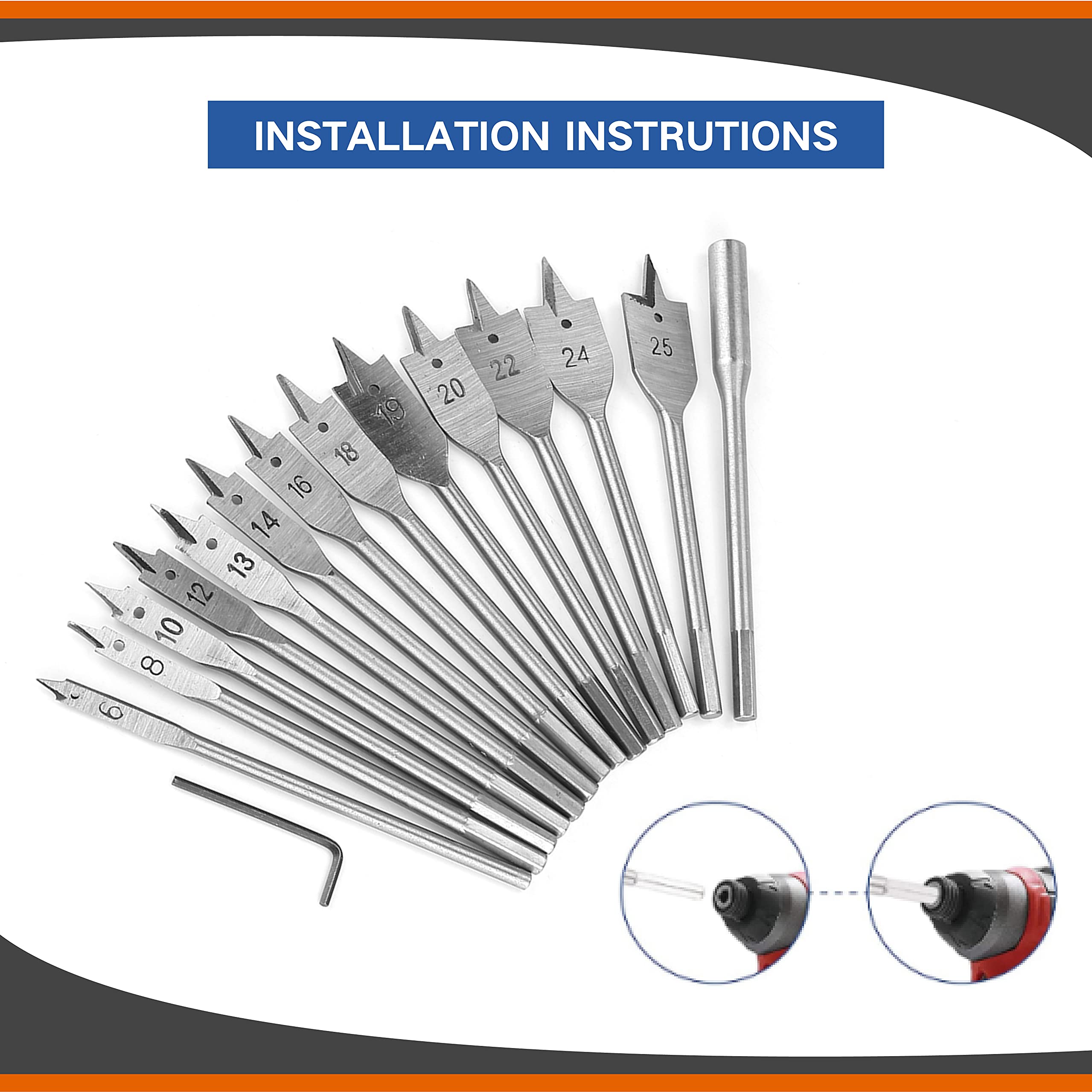 15-Piece Spade Drill Bit Set, 6‑25mm Paddle Flat Bits for Hole Cutter Woodworking, 1/4'' Hex Quick Change Shank Carbon Steel Woodworking Drilling Tools with 6'' Drill Bit Extension