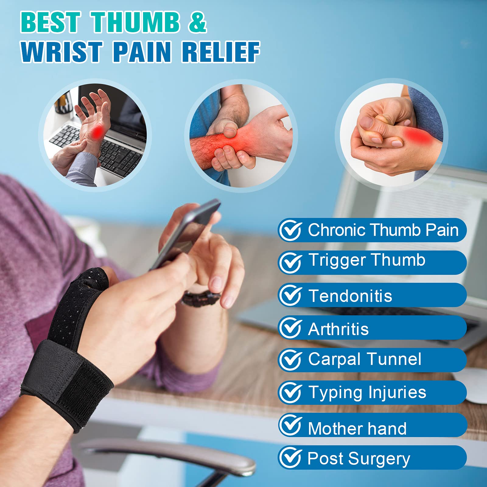 Thumb Splint Brace for Right and Left Hand-Reversible Wrist and Thumb Brace Support for Trigger Thumb, Arthritis, Tendonitis,Thumb Tenosynovitis, Sprained Thumb-Universal Size for Women and Men