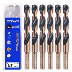 jefe hex 1/2" dia. 5" oal hss twist drill bit, general purpose, 3-flat shank, black and gold finish, 135 degree split point, ideal for steel/wood/copper/aluminum/zinc alloy/plastic. (6-piece)