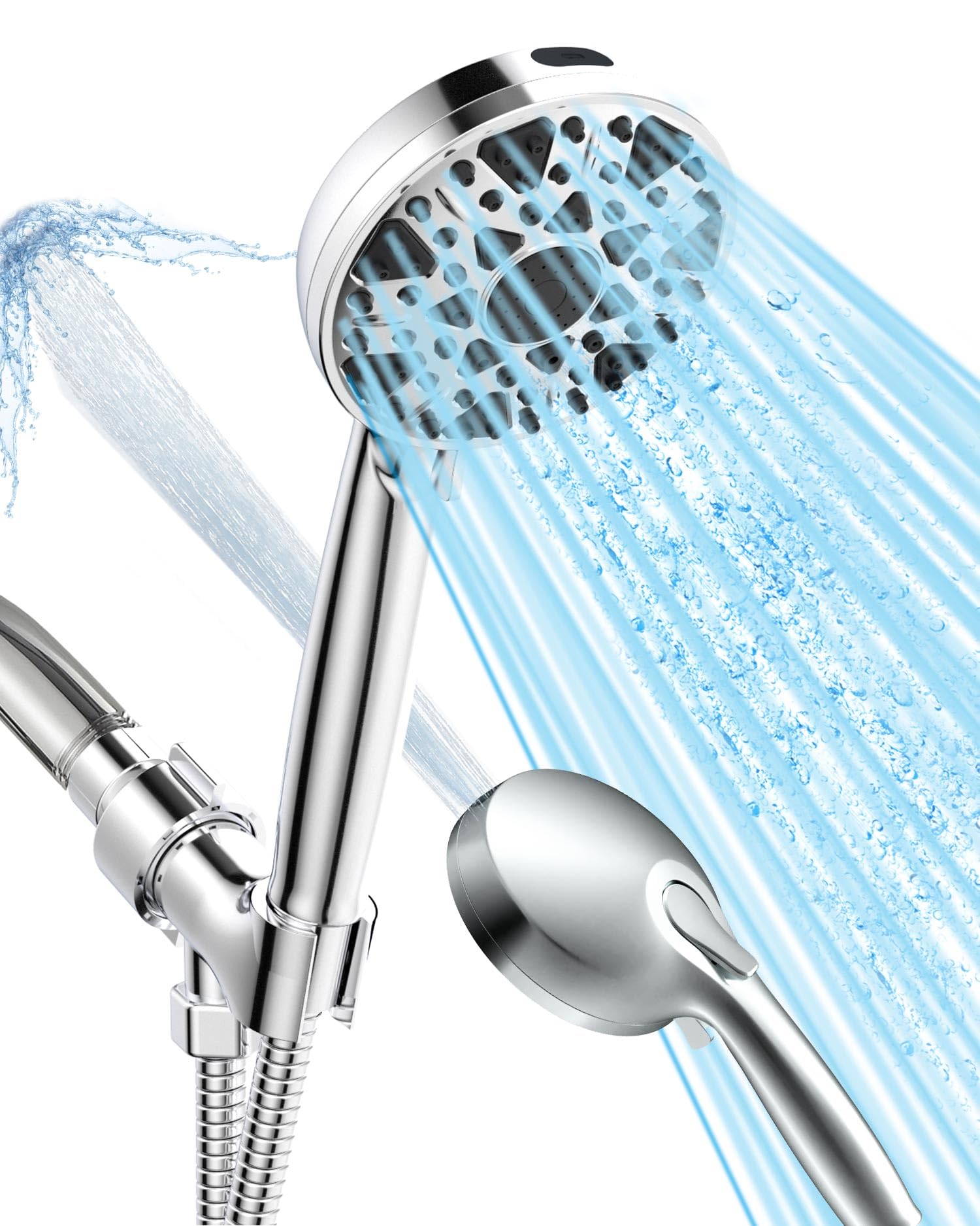 High Pressure Shower Head With Handheld 7 Settings, 5" High Power Hand Held Rain Showerhead with Stainless Steel Hose and Adjustable Bracket