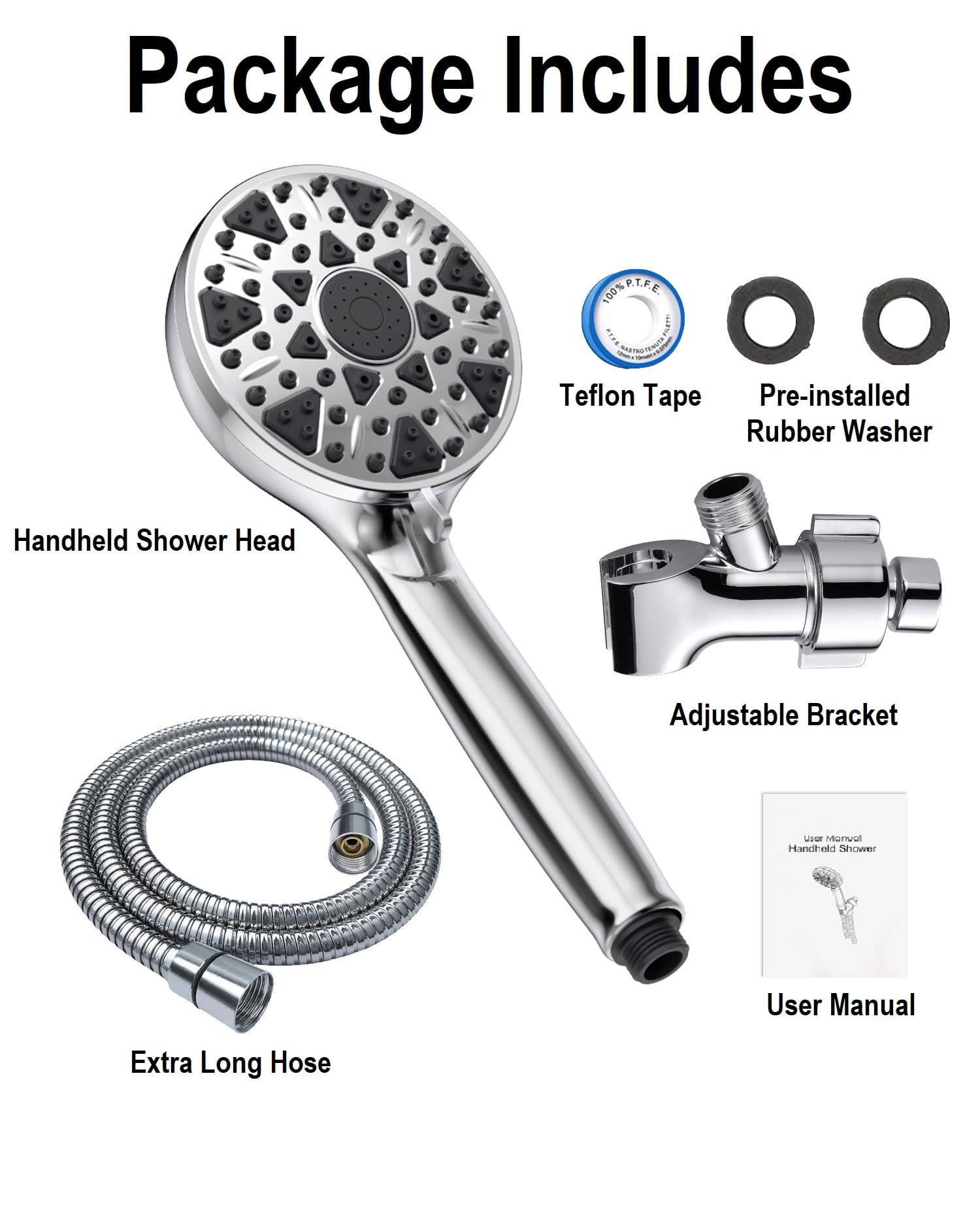 High Pressure Shower Head With Handheld 7 Settings, 5" High Power Hand Held Rain Showerhead with Stainless Steel Hose and Adjustable Bracket