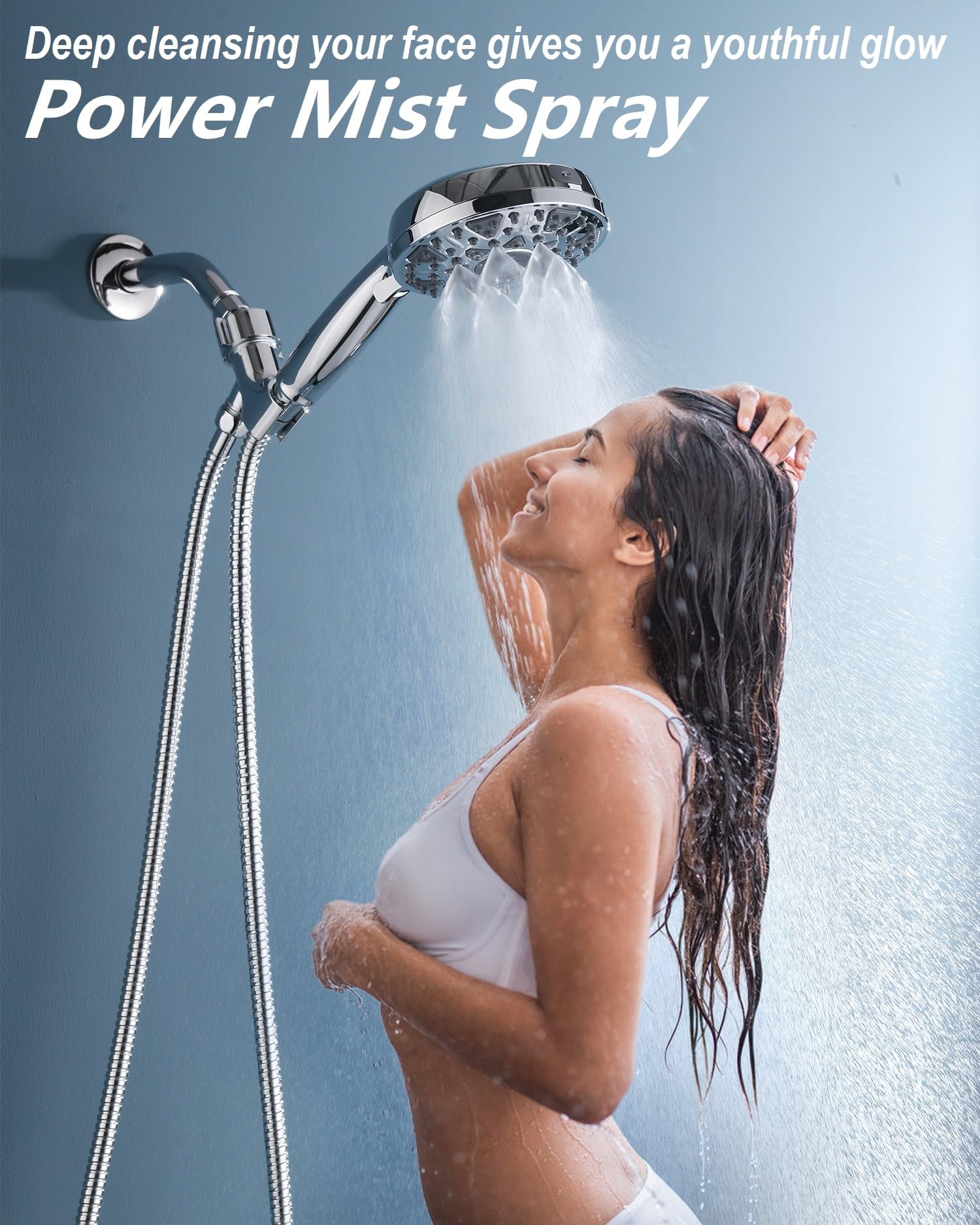 High Pressure Shower Head With Handheld 7 Settings, 5" High Power Hand Held Rain Showerhead with Stainless Steel Hose and Adjustable Bracket