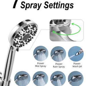 High Pressure Shower Head With Handheld 7 Settings, 5" High Power Hand Held Rain Showerhead with Stainless Steel Hose and Adjustable Bracket