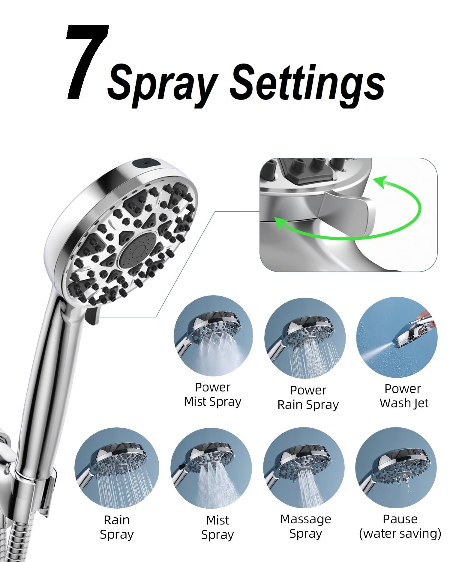 High Pressure Shower Head With Handheld 7 Settings, 5" High Power Hand Held Rain Showerhead with Stainless Steel Hose and Adjustable Bracket