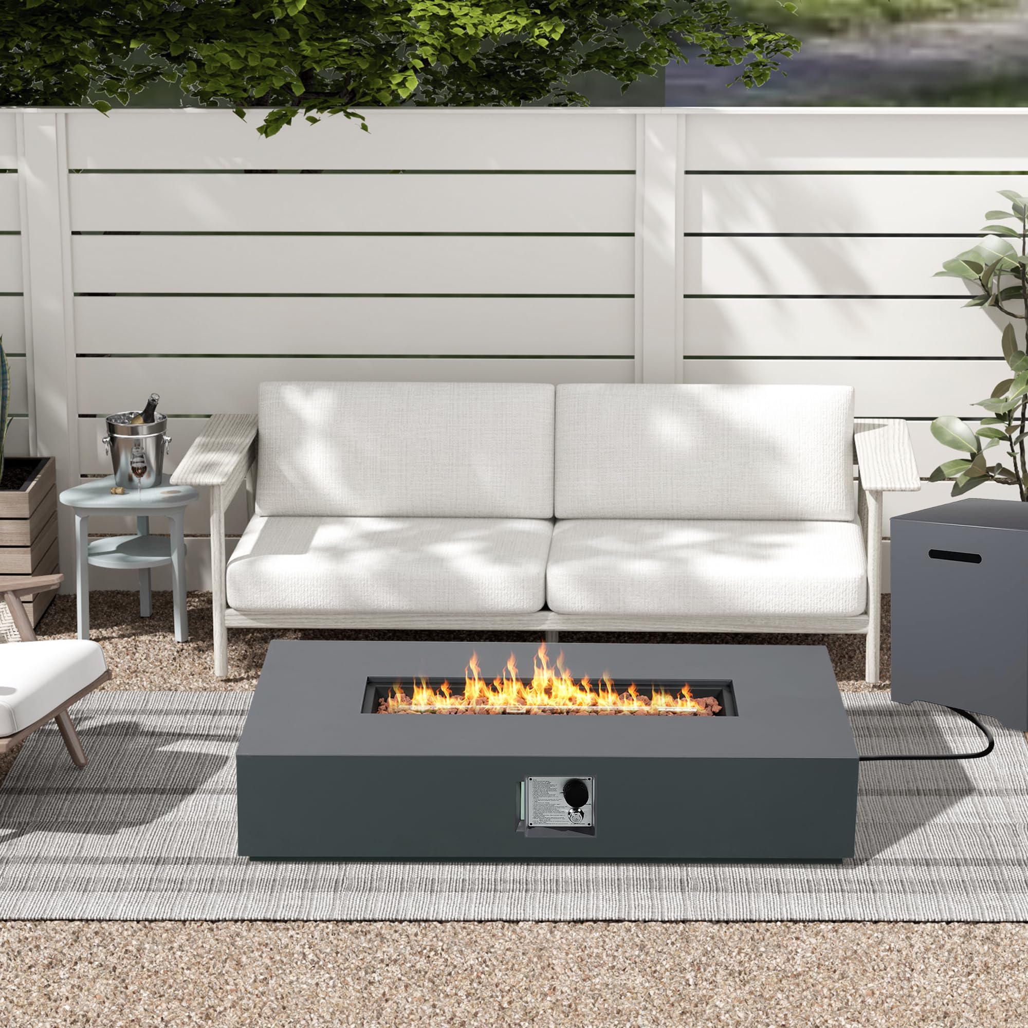 UPHA 56'' Patio Propane Gas Concrete Fire Pit Table, Rectangular with Pit Cover and Fire Table Tank, 50000 BTU Auto-Ignition Fire Table, 56''L x 28''W x 12.8''H, Dark Grey