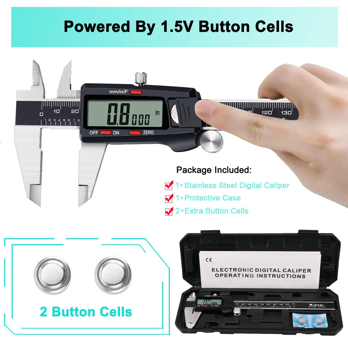 Kynup Caliper Measuring Tool, Digital Micrometer Caliper Tool, Vernier Caliper with Stainless Steel, Large LCD Screen, Auto - Off Feature, Inch Metric Fraction Conversion (6Inch/150mm)