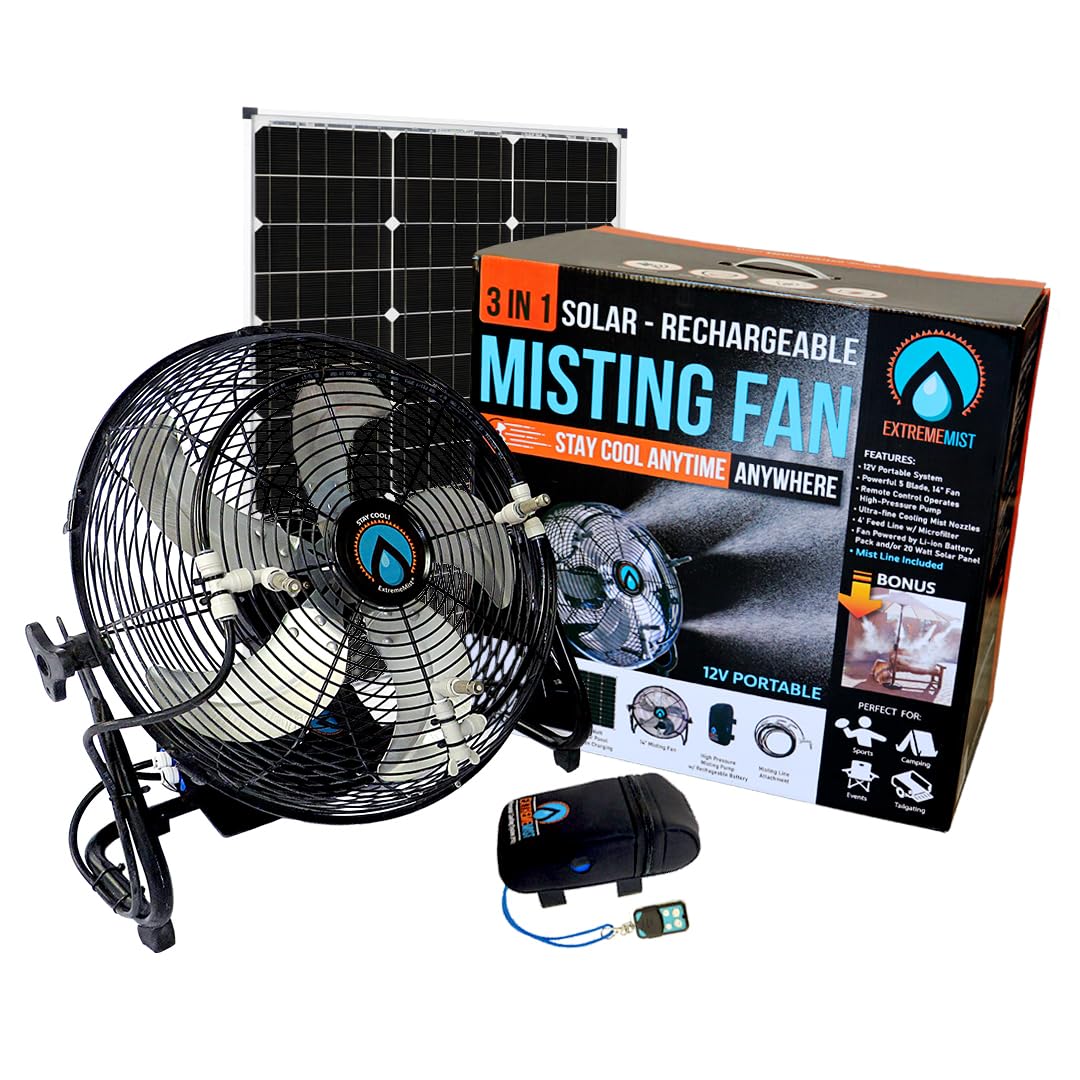 EXTREMEMIST 14” Misting Fan – 3 Mister Nozzles, 20W Solar Panel | Detachable Pump with 16ft. Misting Line | Perfect for Outdoors, Camping, Tailgating